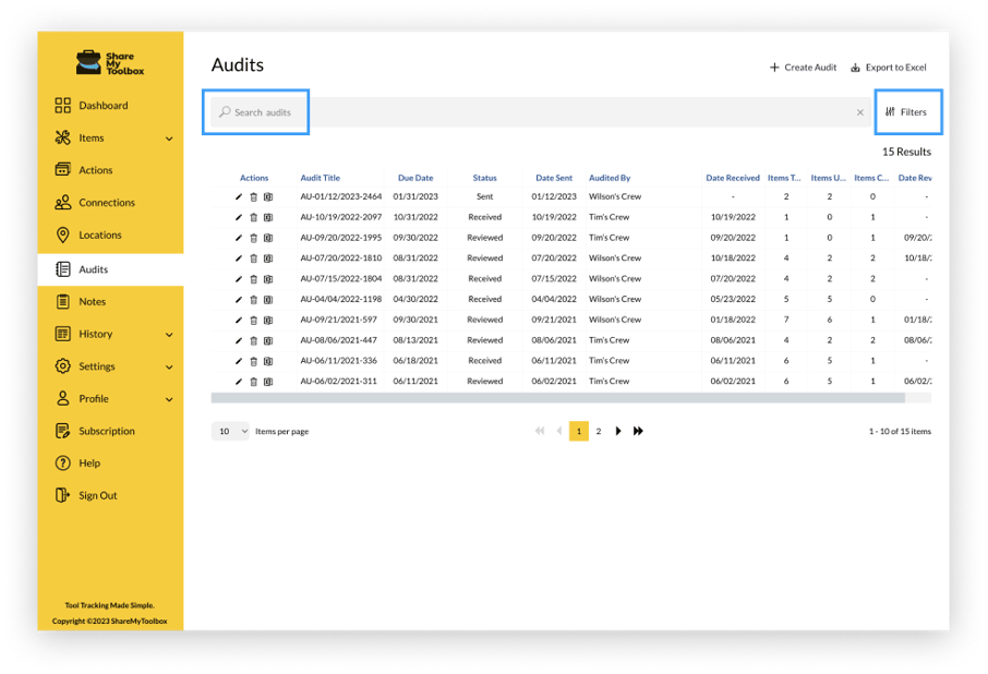 Audits Search and Filter