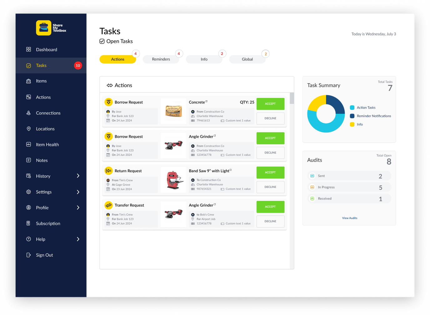 Task Management: Action, Reminder, Info, Global