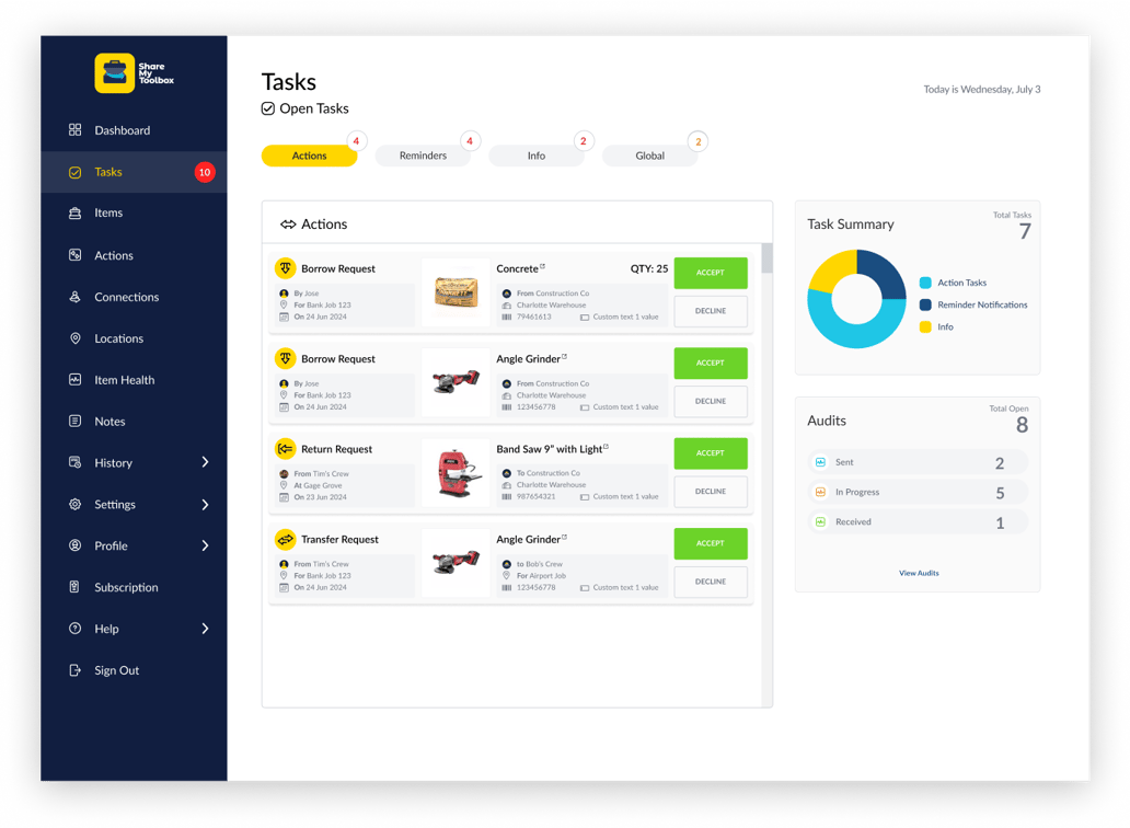 Task Management: Action, Reminder, Info, Global
